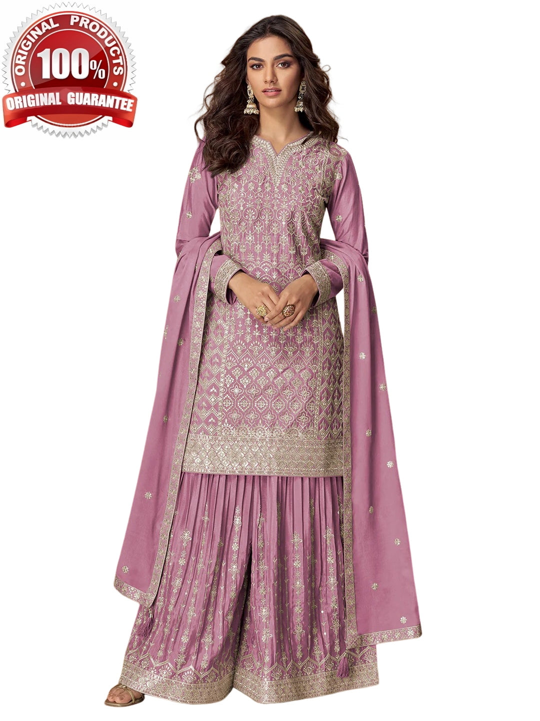 Buy Lilac Pink Chinnon Silk Zari Embroidered Sharara Salwar Kameez ...