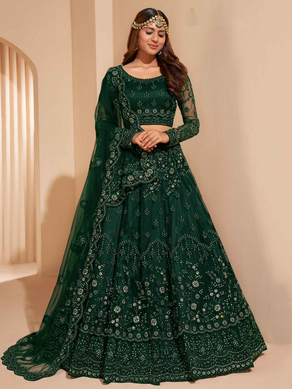 Buy Emerald Green Net Heavy Embroidered Flowy Royal Wedding Wear ...