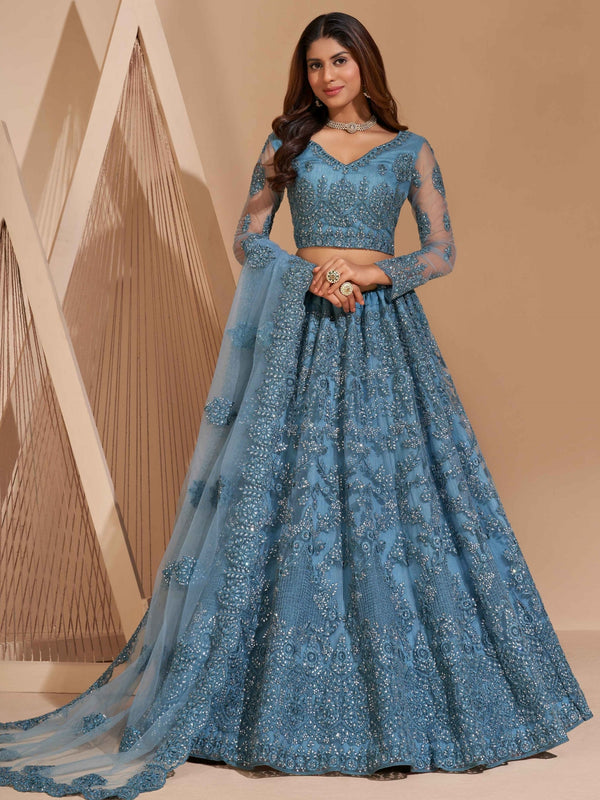 Buy Sky Blue Net Intricate Embroidered Flowy Elegant Party Wear Lehenga ...