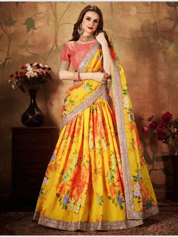 Buy Sunshine Yellow Floral Printed Organza Sequins Work Flowy Elegant ...