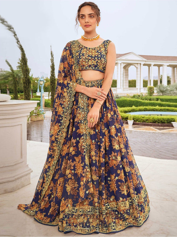 Buy Navy Blue Floral Embroidered Sequins Flowy Designer Party Wear ...