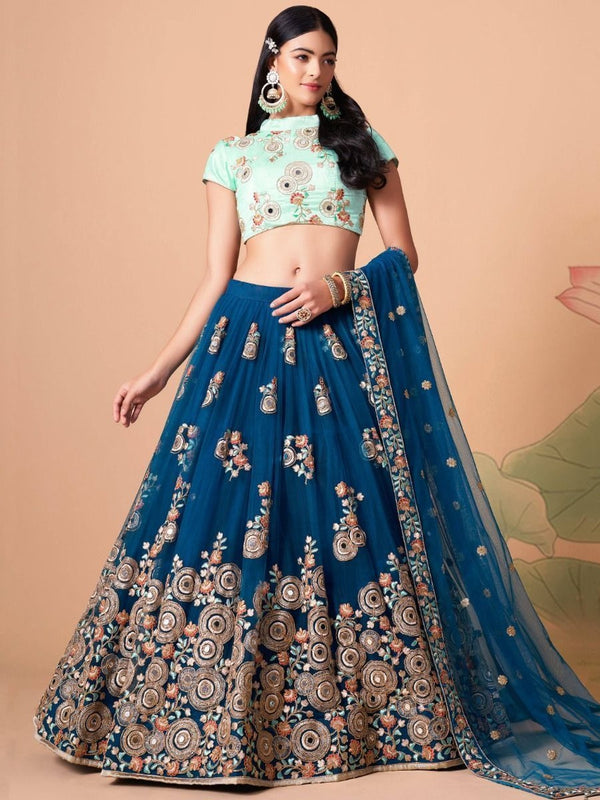 Buy Dove Blue Soft Net Floral Mirror Work Flowy Premium Festive Wear ...
