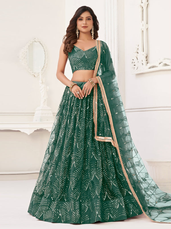 Buy Bottle Green Net Sequins Embroidered Flowy Royal Wedding Wear ...