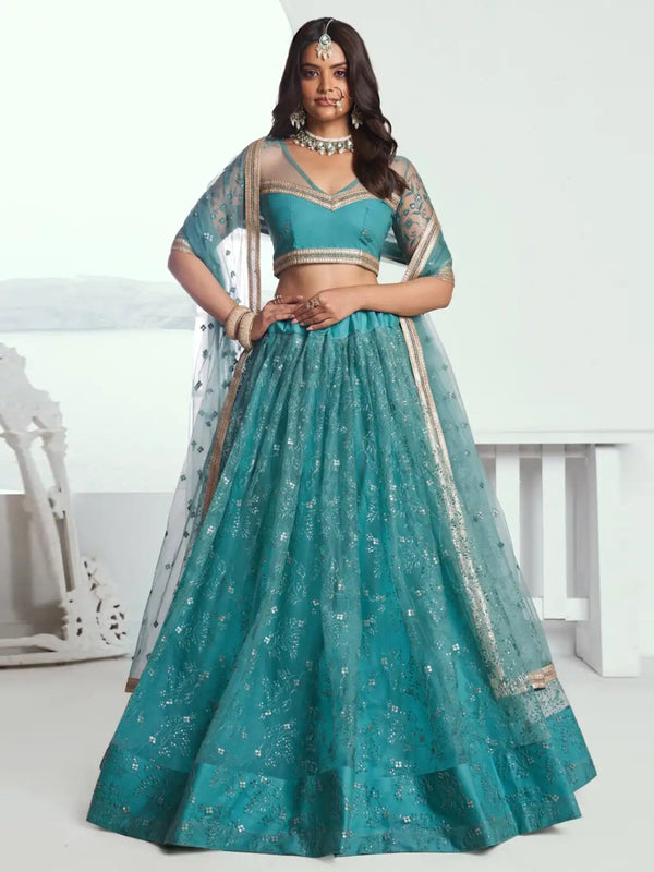 Buy Rama Green Net Sequins Embroidered Flowy Elegant Wedding Wear ...