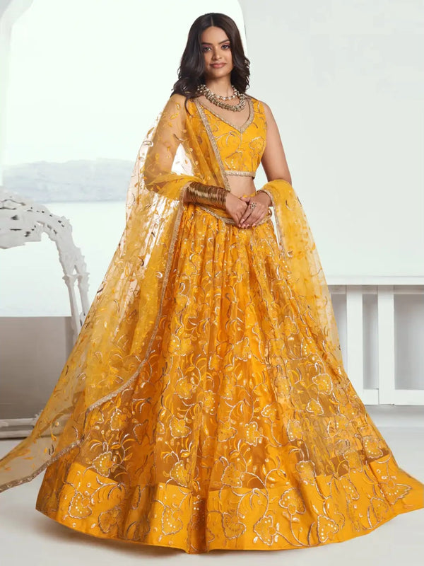 Buy Mustard Yellow Net Sequins Embroidered Flowy Traditional Festive ...