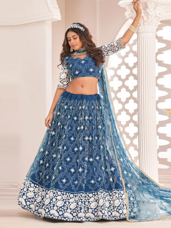 Buy Teal Blue Ethnic Motifs Threadwork Sequins Flowy Designer Lehenga ...